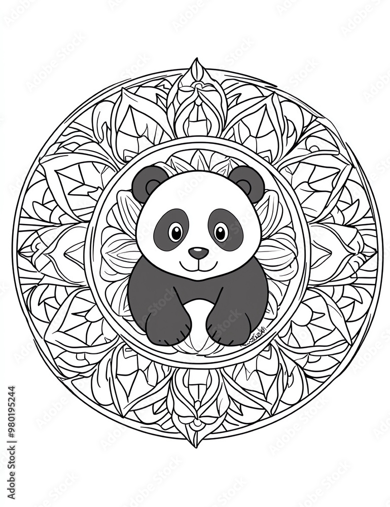 Coloring page for kids, a cute panda in the middle of a mandala pattern ...