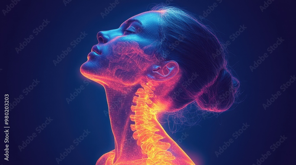 3D X-ray illustration of human neck pain, detailed medical concept ...