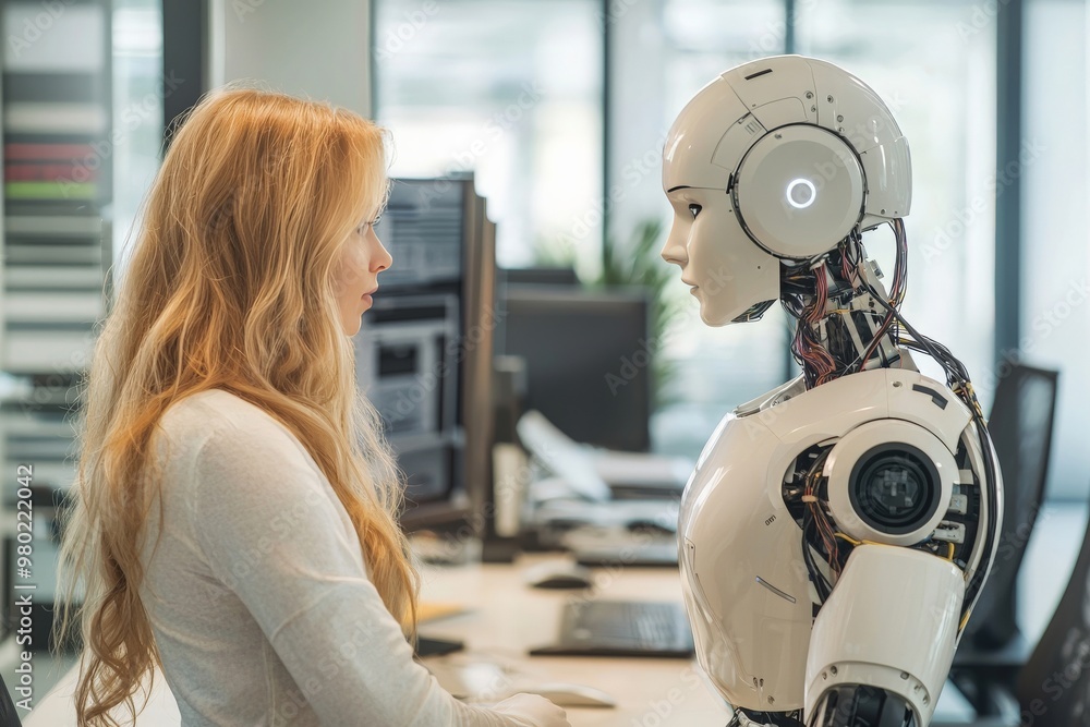 An office where AI is automating routine tasks like data entry and report generation, allowing ...