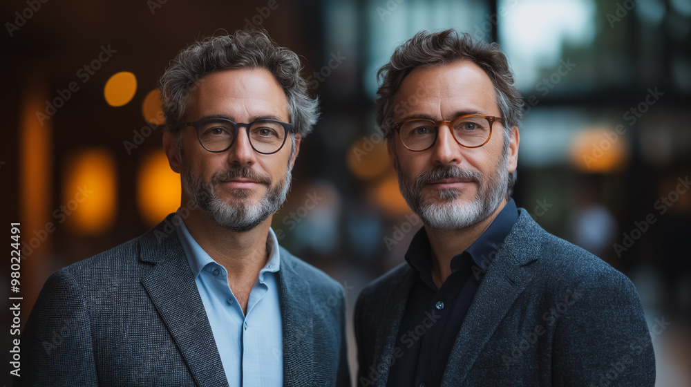 Two men wearing glasses and suits are standing next to each other ...