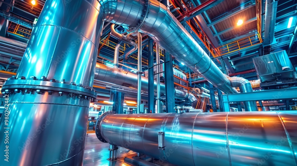 Interior of a high-tech industrial plant, featuring steel structures ...