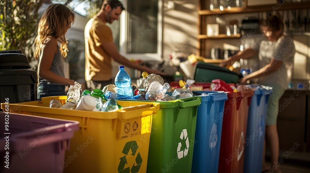 A family sorting their waste into various recycling bins in their home ...