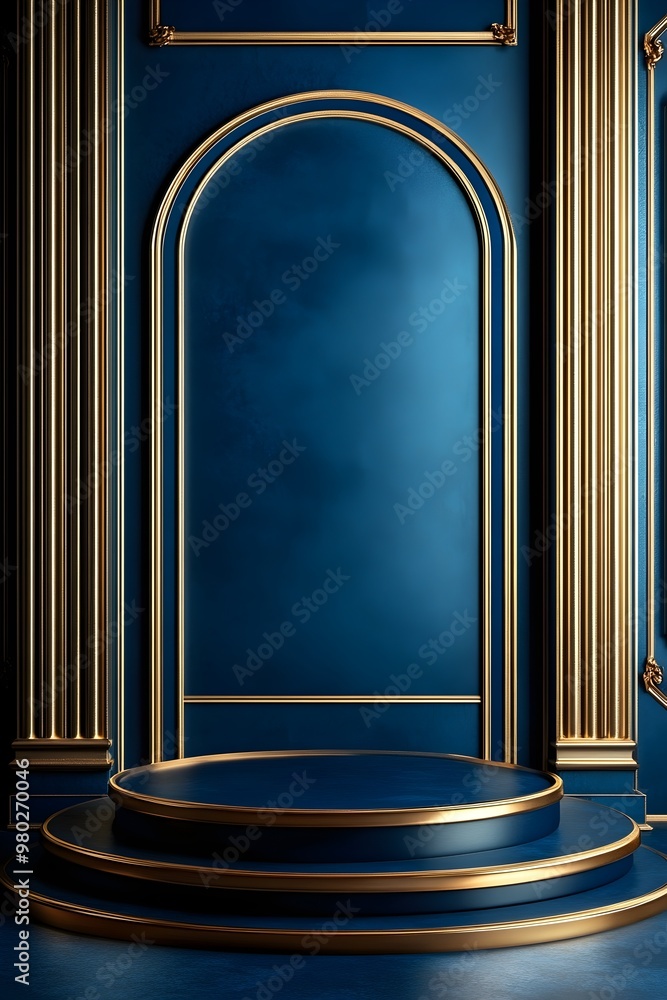 Round stage podium with gold detail in classic blue interior with an ...