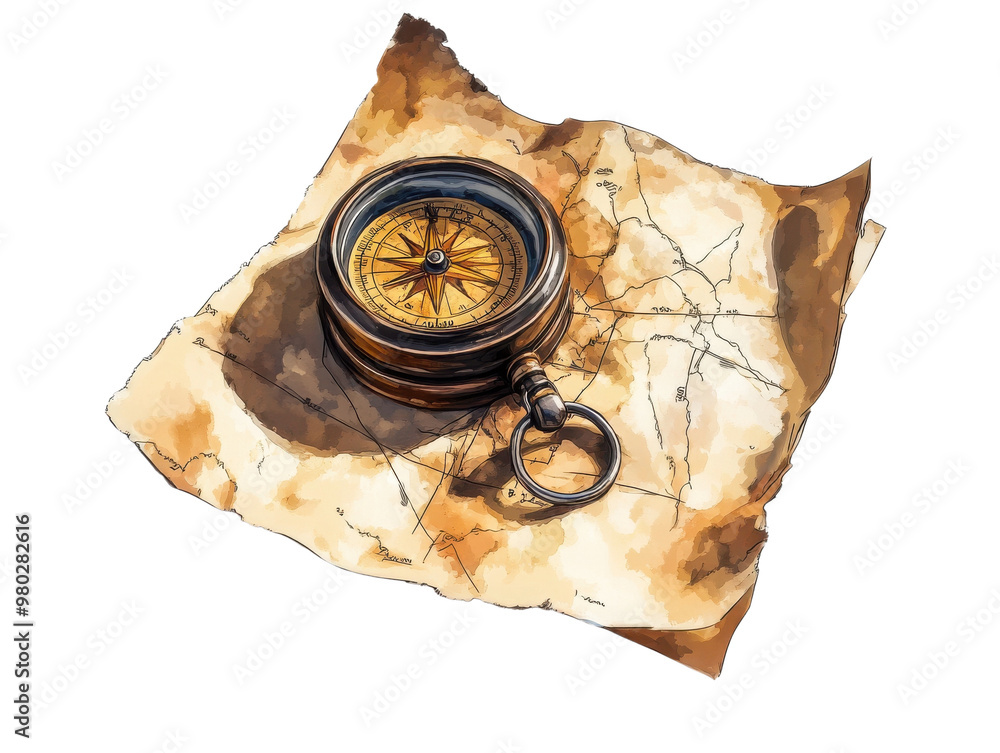 An antique compass resting on a weathered map, symbolizing exploration ...
