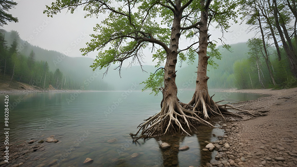 old baikal pagan tree forest and river spirit landscape mountain ...