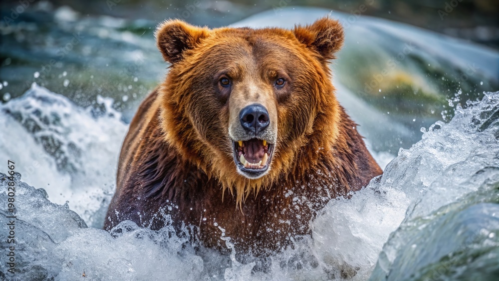 Furious grizzly bear charges through rushing river water, eyes fixed ...