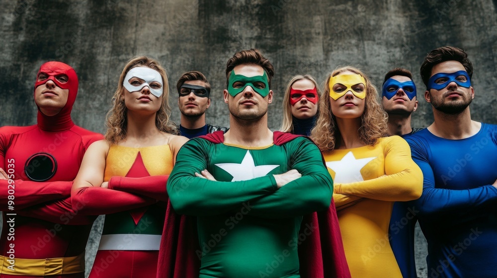 Seven people, dressed in superhero costumes, stand in a line with their ...