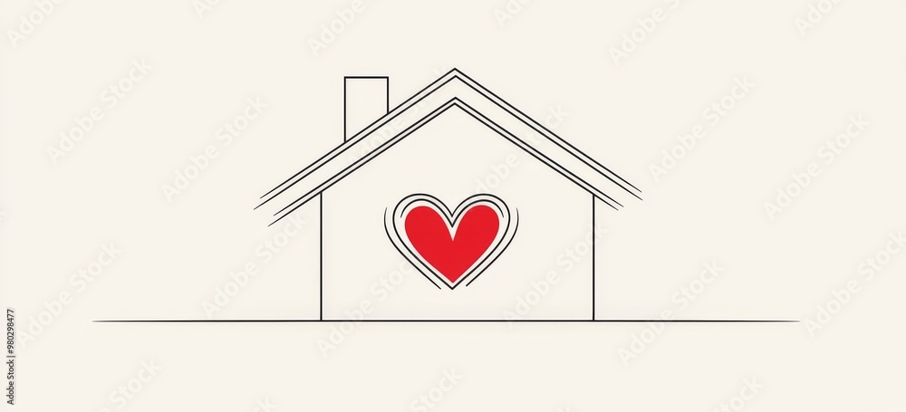 A home with heart line drawing modern illustration. Continuous line ...