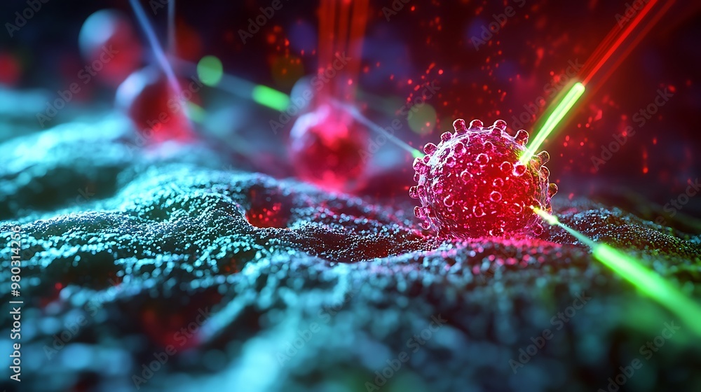 Laser beams focused on a cluster of cancer cells, depicting the ...