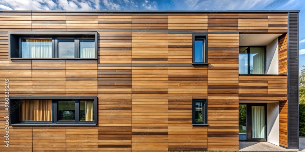 Wood texture composite cladding panels installed on a house facade, WPC ...