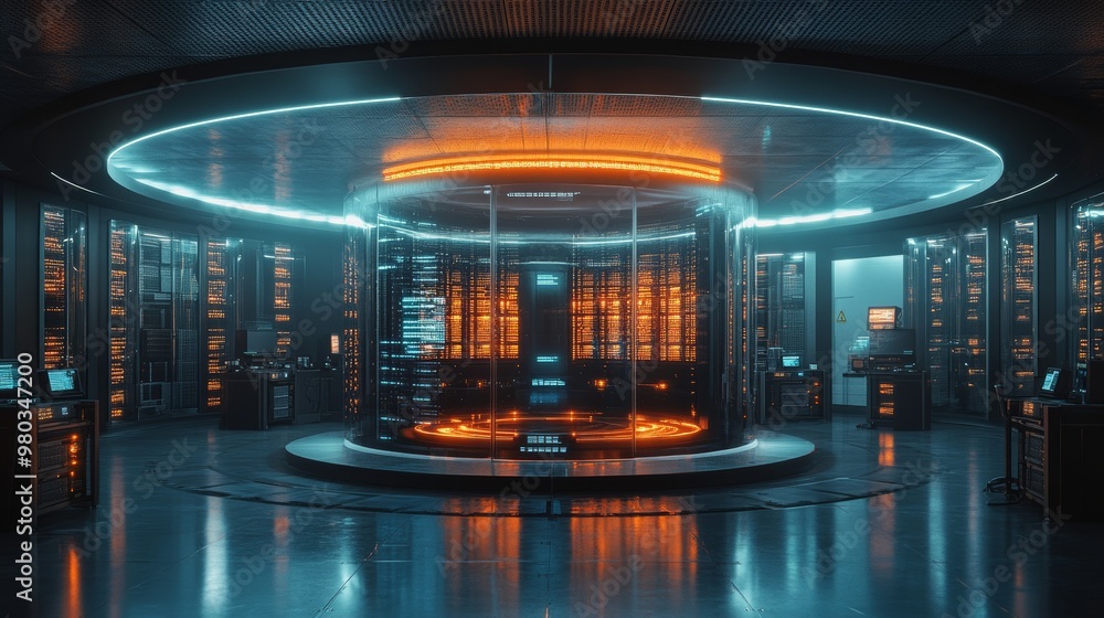 Ultra-modern server room designed in a circular layout, pulsating with ...