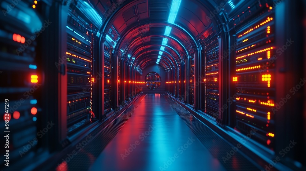 Ultra-modern server room designed in a circular layout, pulsating with ...