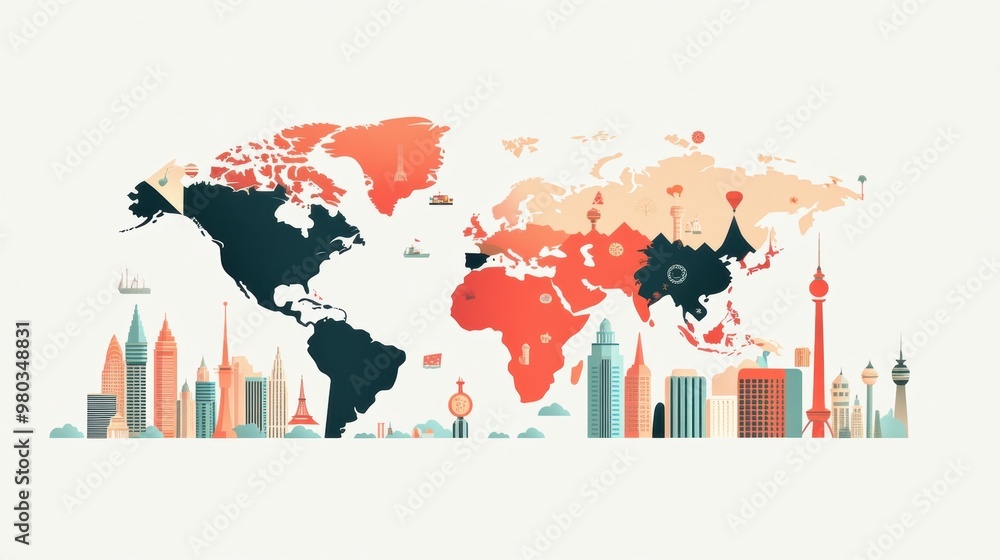 Travel Map with Iconography of Landmarks, A world map featuring icons ...