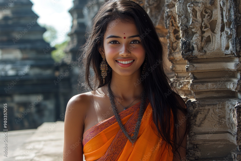 Indonesian woman wearing saree traditional cloth smile at Hindu temple ...