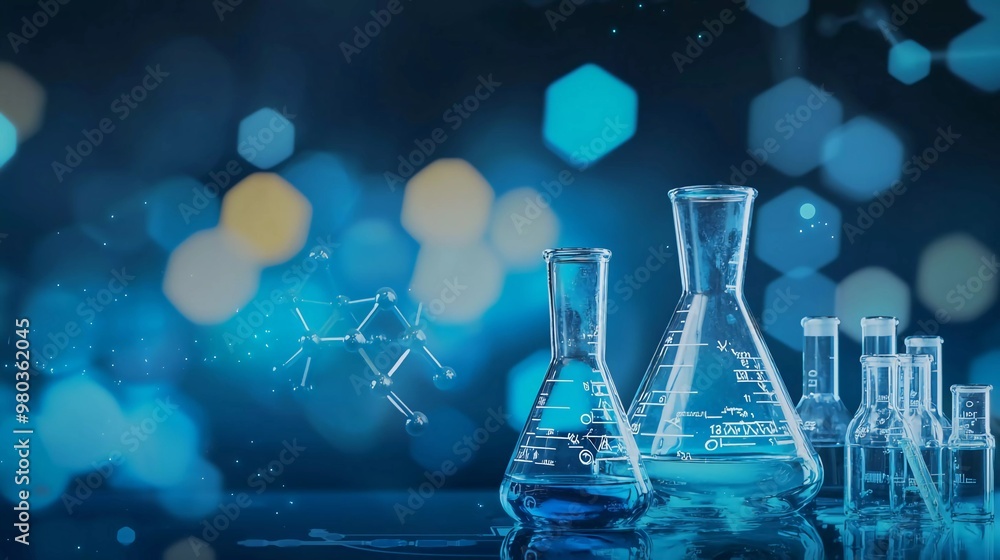 beaker and flask in science laboratory with nice chemical structure ...