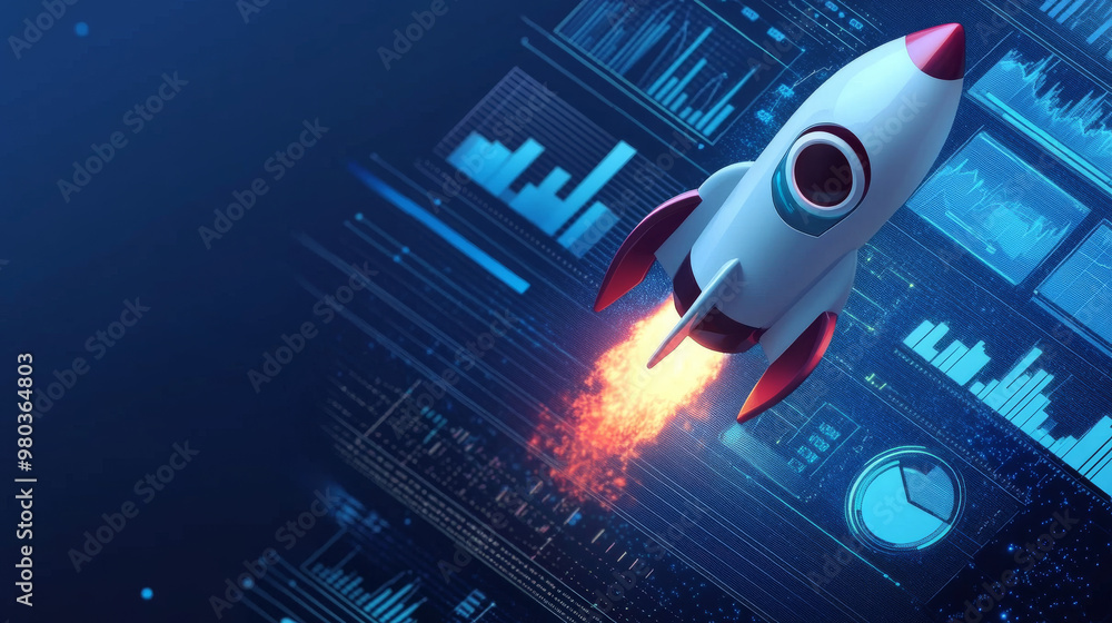 Futuristic rocket launching against a blue background with dashboard ...
