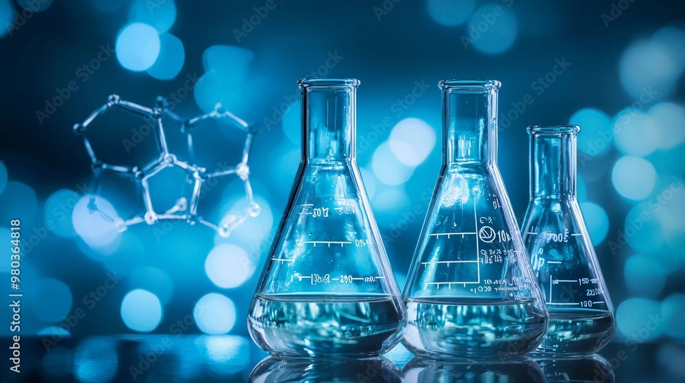 beaker and flask in science laboratory with nice chemical structure ...