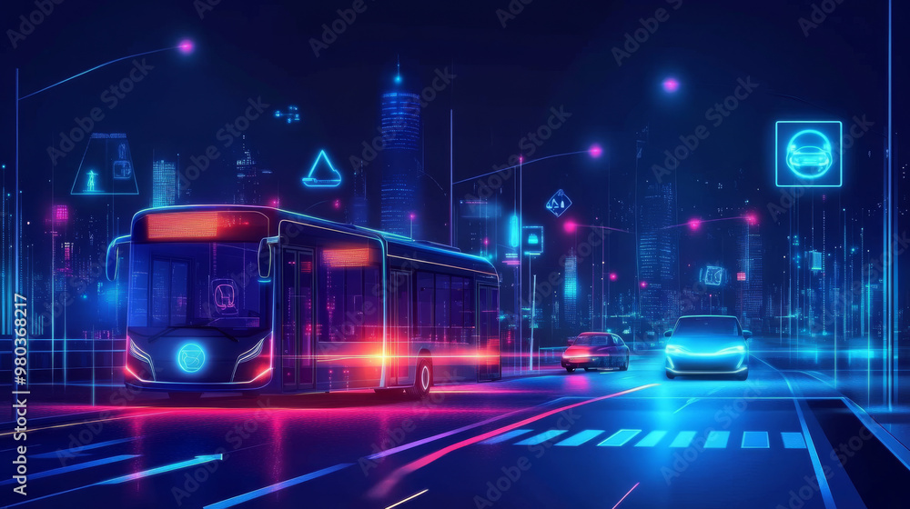 An autonomous smart bus and car traveling through a night city. The ...