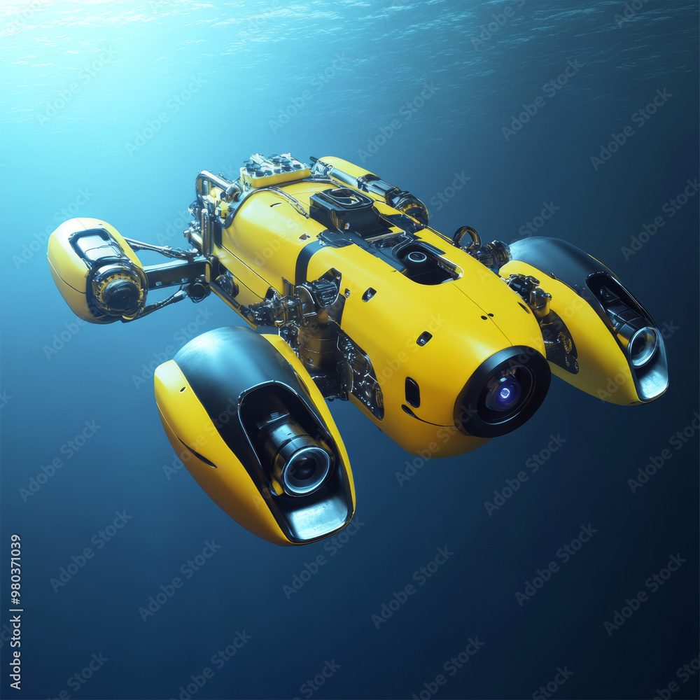 Autonomous underwater ROV equipped with manipulators or robotic arms. A ...