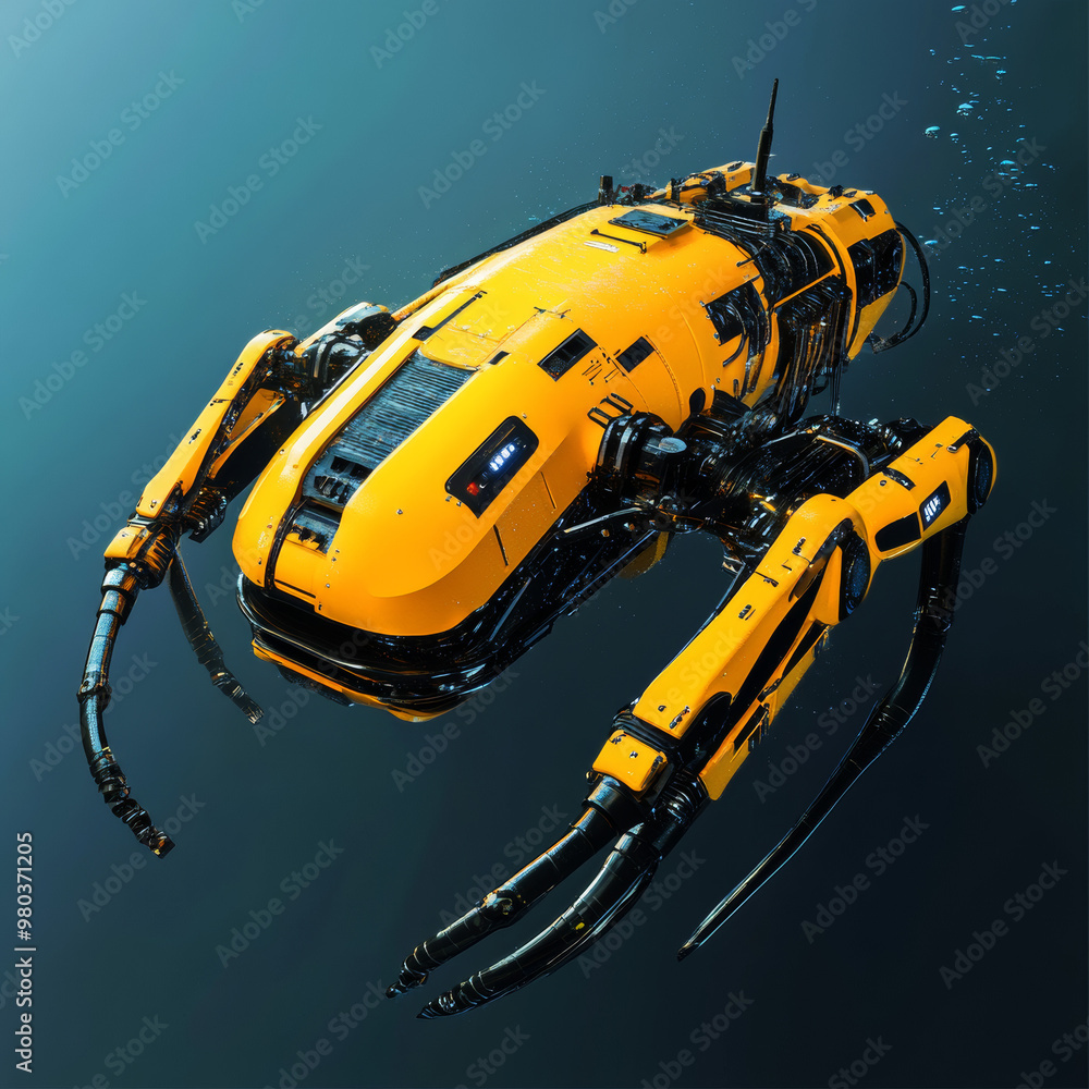 Autonomous underwater ROV equipped with manipulators or robotic arms. A ...