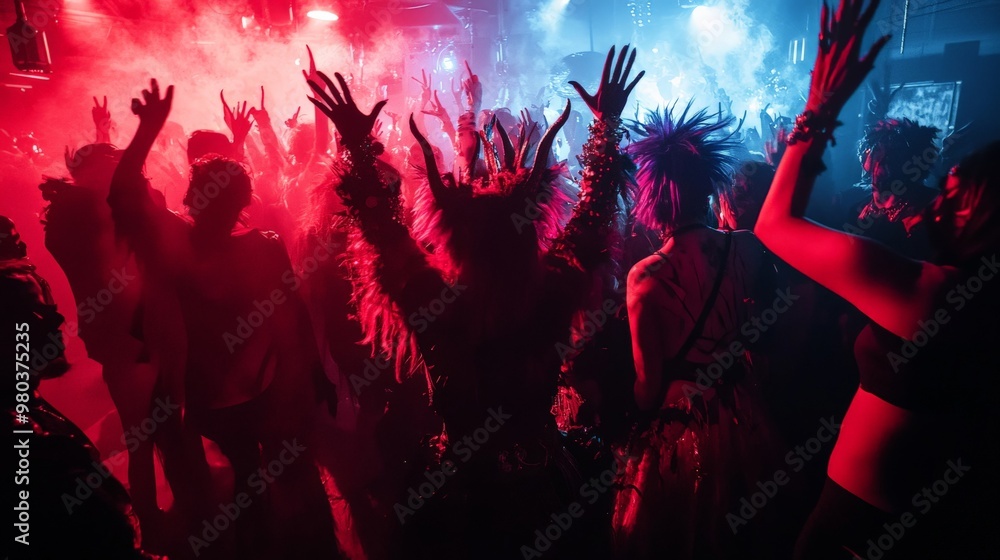 A vibrant underground club where people dressed in extravagant cosplay ...