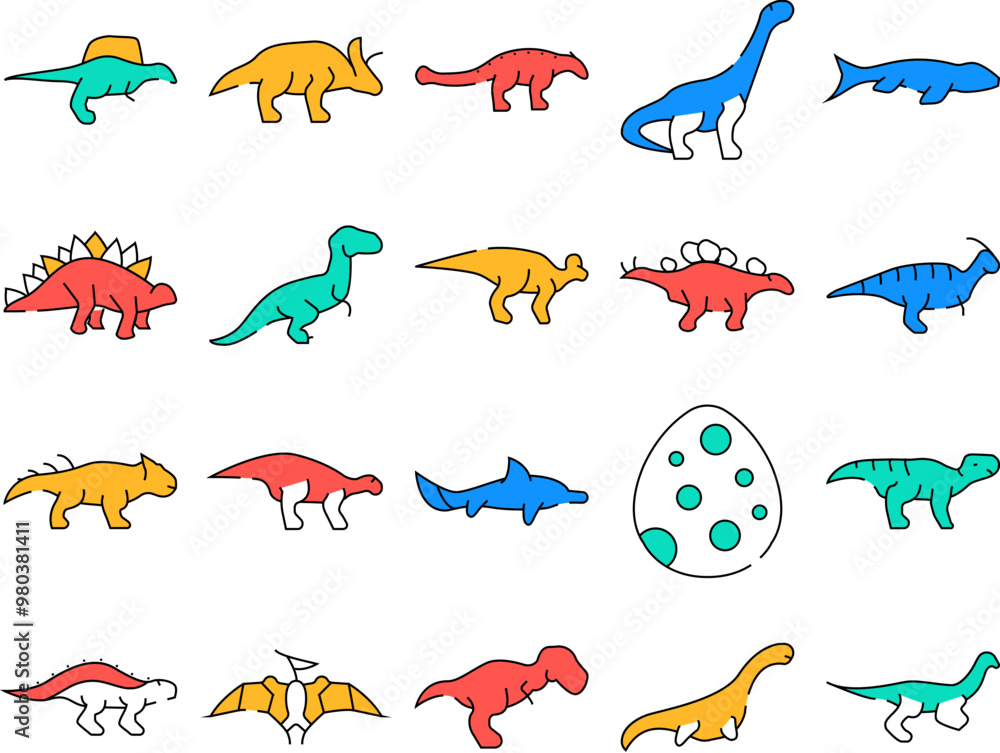Dinosaur Wild Animal Collection Icons Set Vector. Spinosaurus And ...