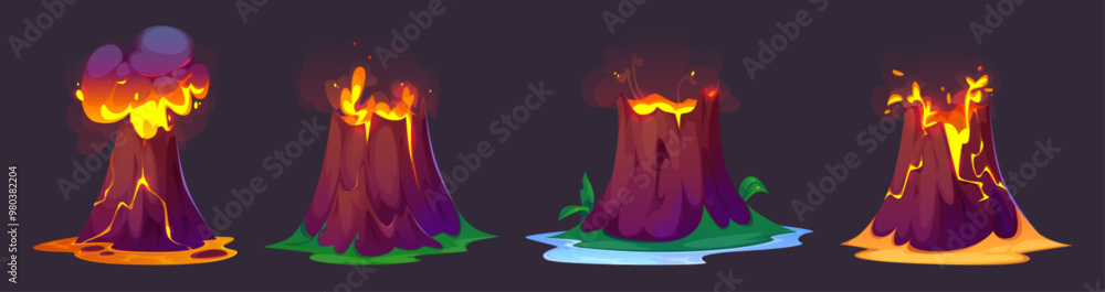 Volcano eruption with flowing lava and smoke cloud on island. Cartoon ...