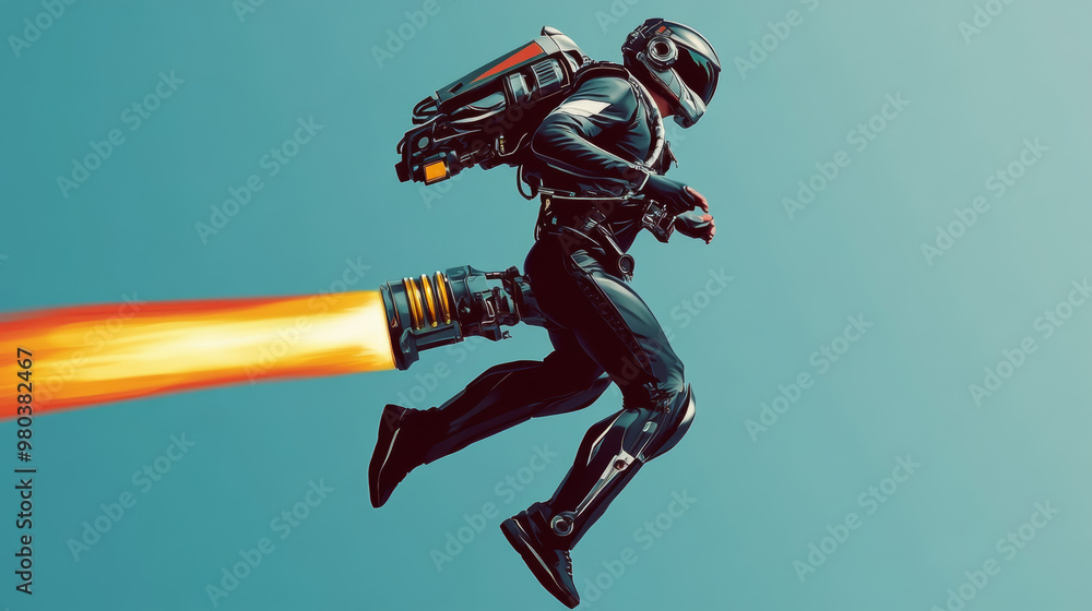 Man launching a flying jetpack. Robotic armor with a rocket engine ...