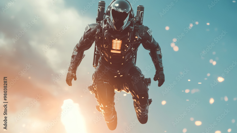 Ilustración de Stock Man launching a flying jetpack. Robotic armor with ...