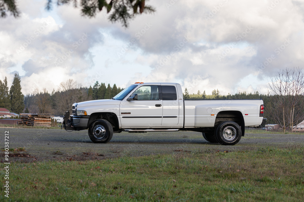 Portland, OR, USA - Dec 8, 2023 - 2001 White Dodge Ram 3500 dually ...