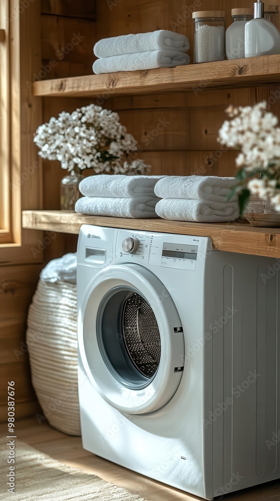 minimalist laundry room scene pristine washing machine neatly folded ...