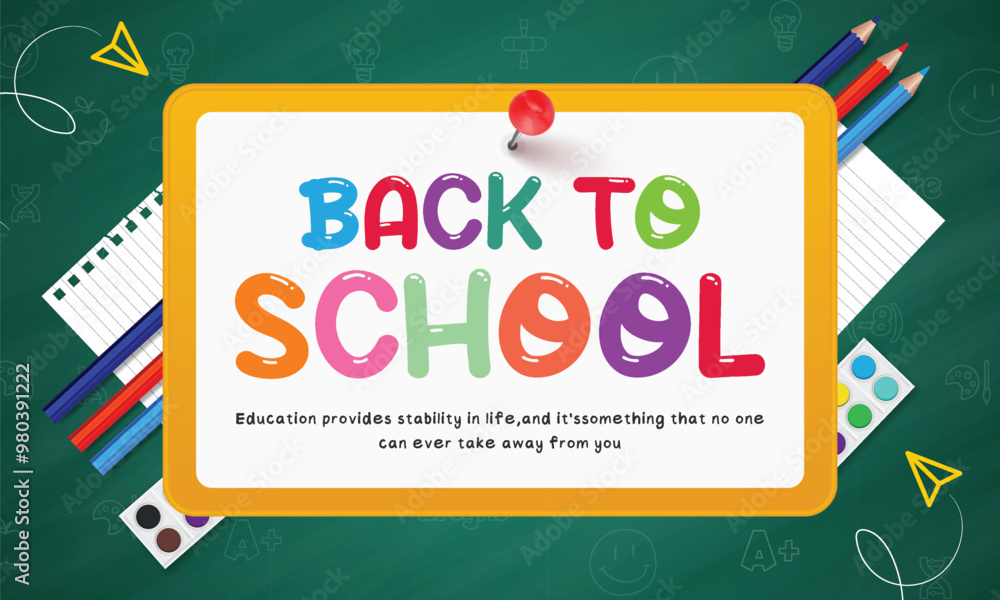 Welcome Back to school horizontal banner, editable text checkered paper ...