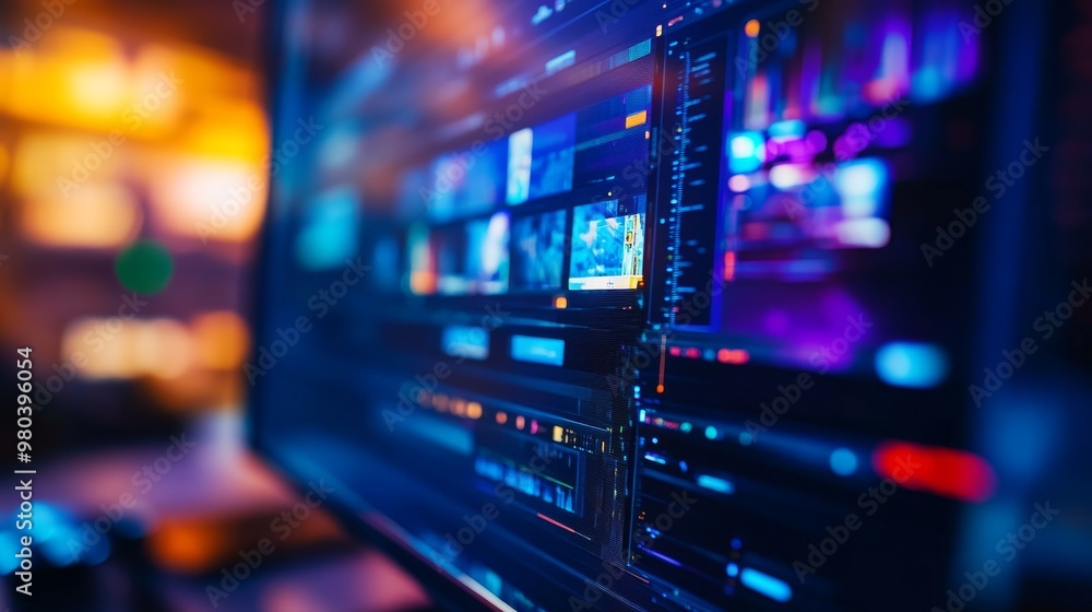 A computer monitor displays a detailed editing timeline featuring ...