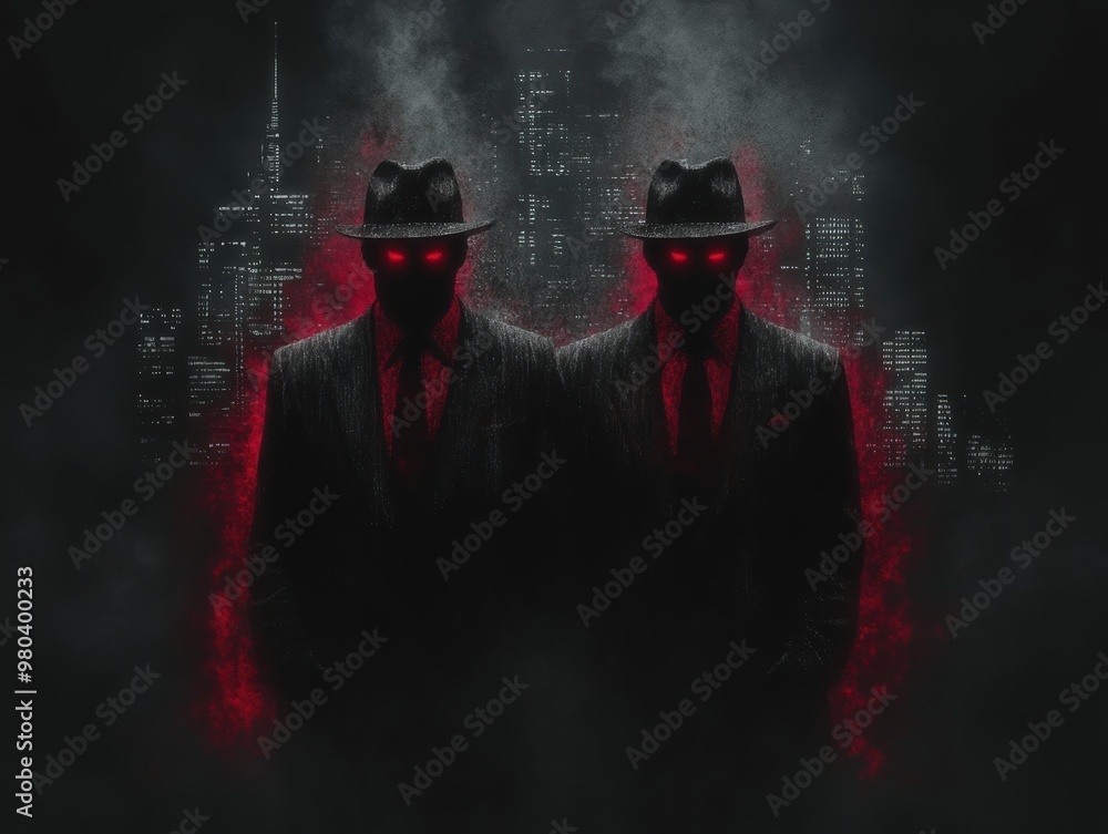 Two shadowy figures in suits and hats, with glowing red eyes, stand ...