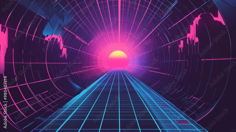 Collection of contemporary abstract retro-futuristic design elements, including perspective grid ...