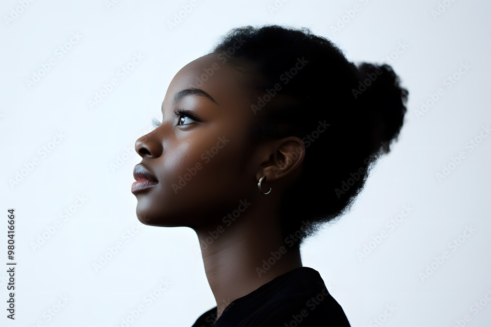 Side view portrait of a joyful African woman with glowing dark skin ...