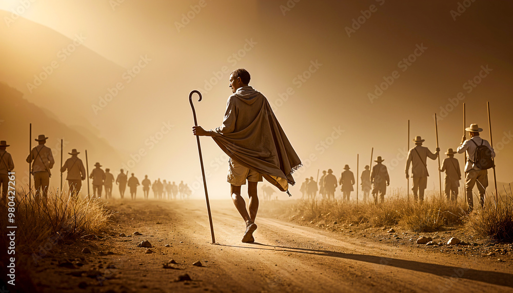 Mahatma Gandhi leads followers during the historic Salt March, a ...