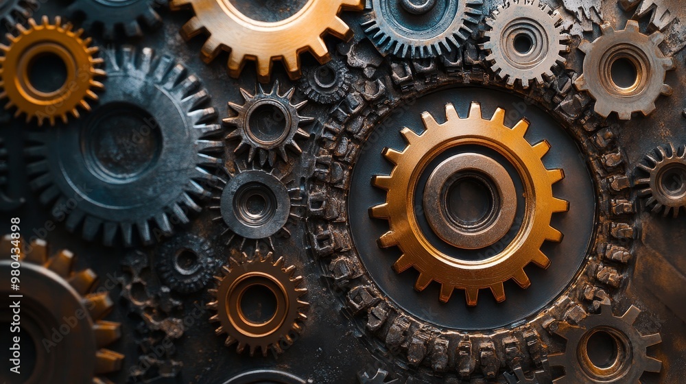 Abstract metallic gears forming a complex circular design, with each ...