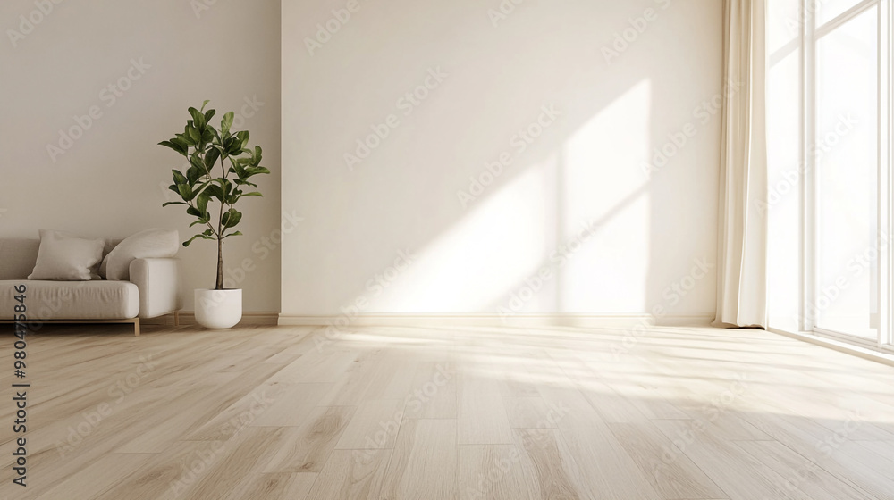 3d render of modern empty room with wooden floor and large white plain ...