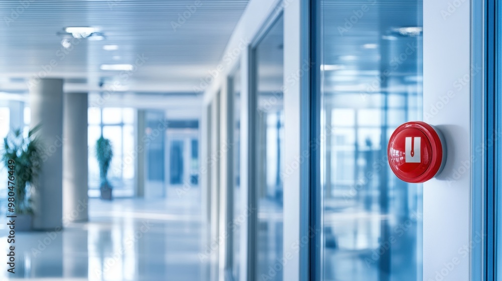 Brightly lit modern hallway featuring prominently a fire alarm system ...