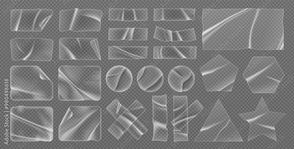 Transparent adhesive plastic tape, sticker label 3d mockup or crumpled ...