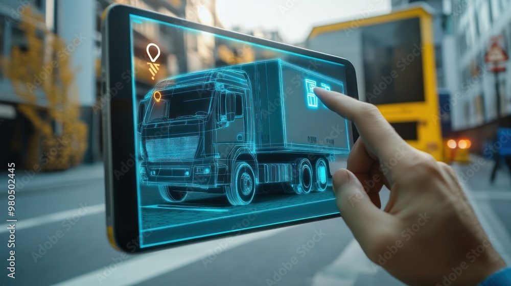 Augmented reality (AR) interface on a tablet showing a holographic ...