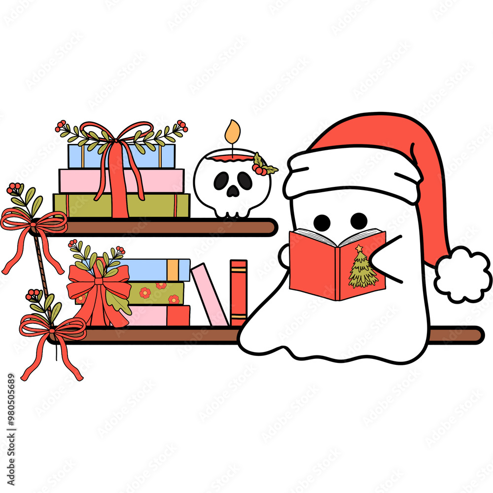Groovy retro christmas ghost reading book clipart, Trendy hippie ...