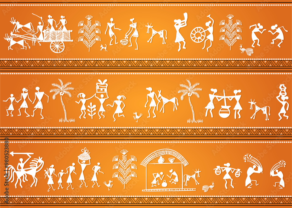 vector illustration of hand drawn Indian Tribal Painting or warli art ...