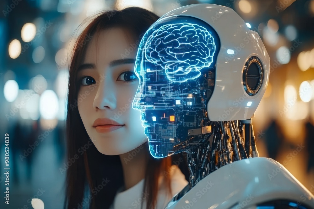 Woman standing next to a robot with visible glowing brain highlighting ...