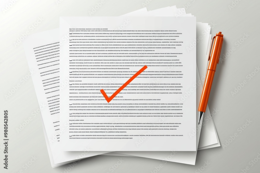 Orange checkmark on a printed document with pen symbolizing task ...