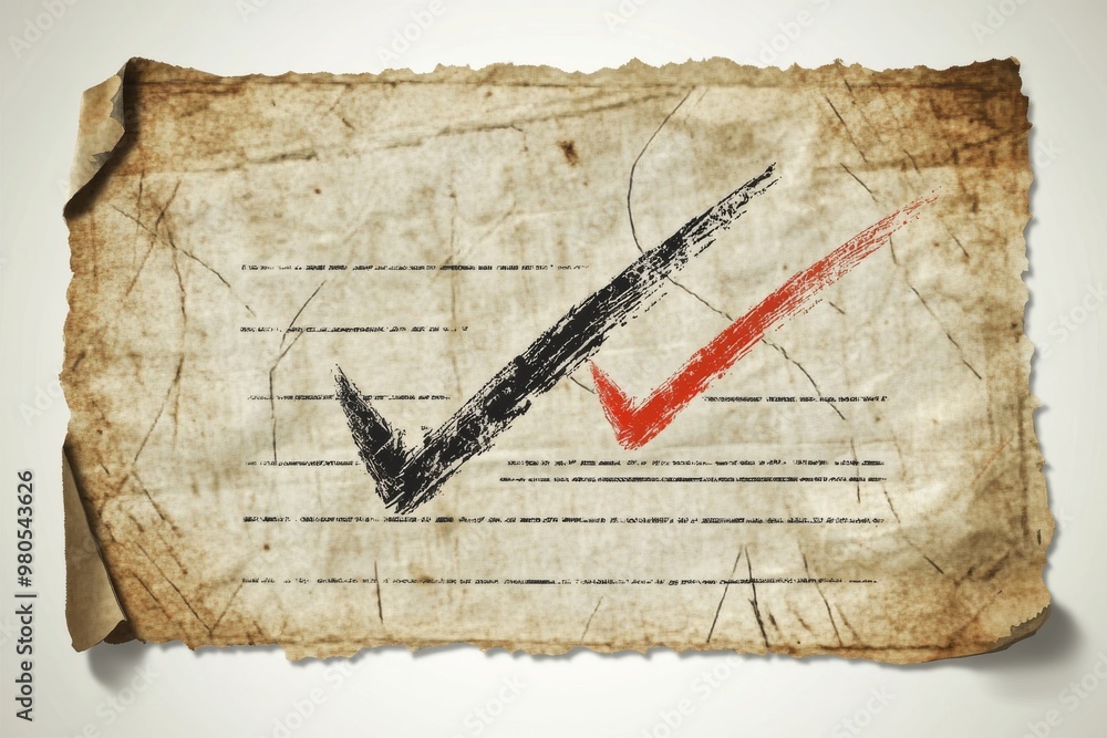 Aged parchment document with overlapping checkmarks in black and red ...