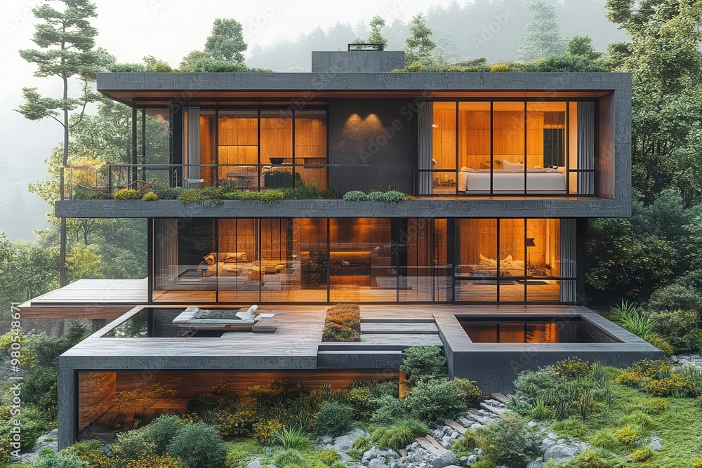 Stock-Illustration „3d architectural rendering modern house plan ...