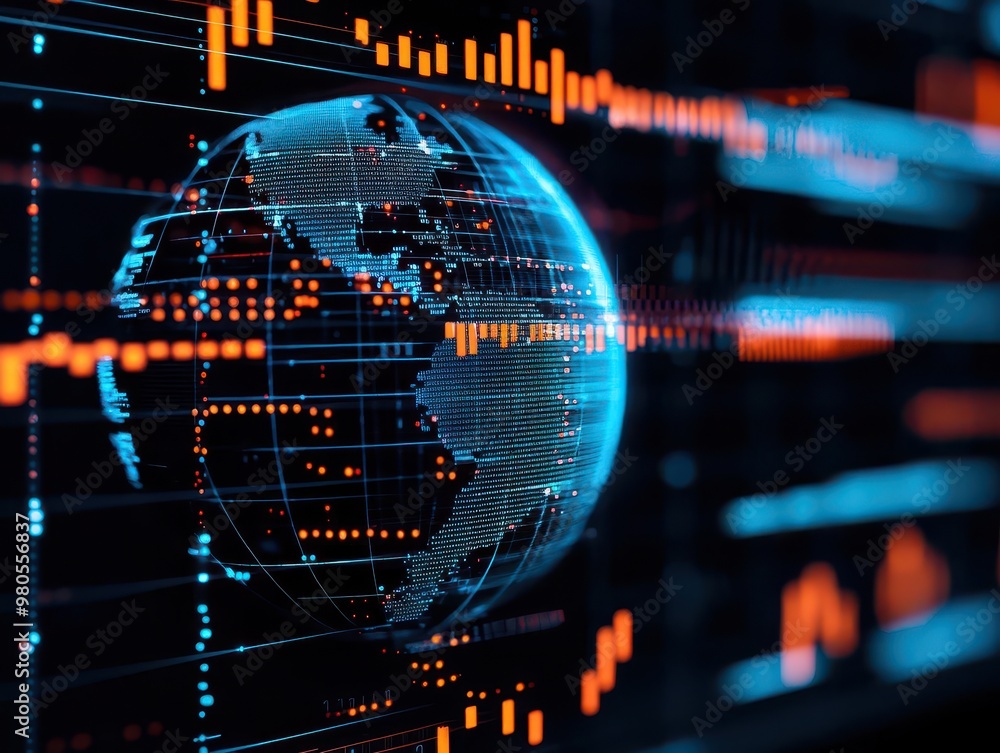 World globe with financial charts spiraling around it, representing ...