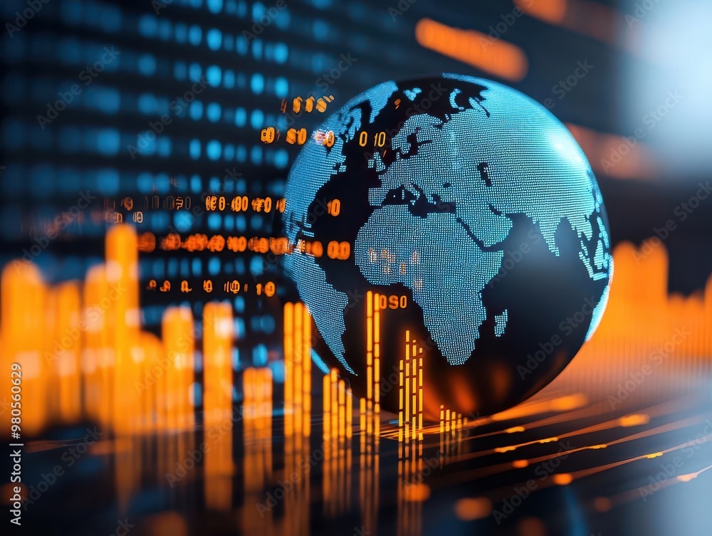 World globe with financial charts spiraling around it, representing ...